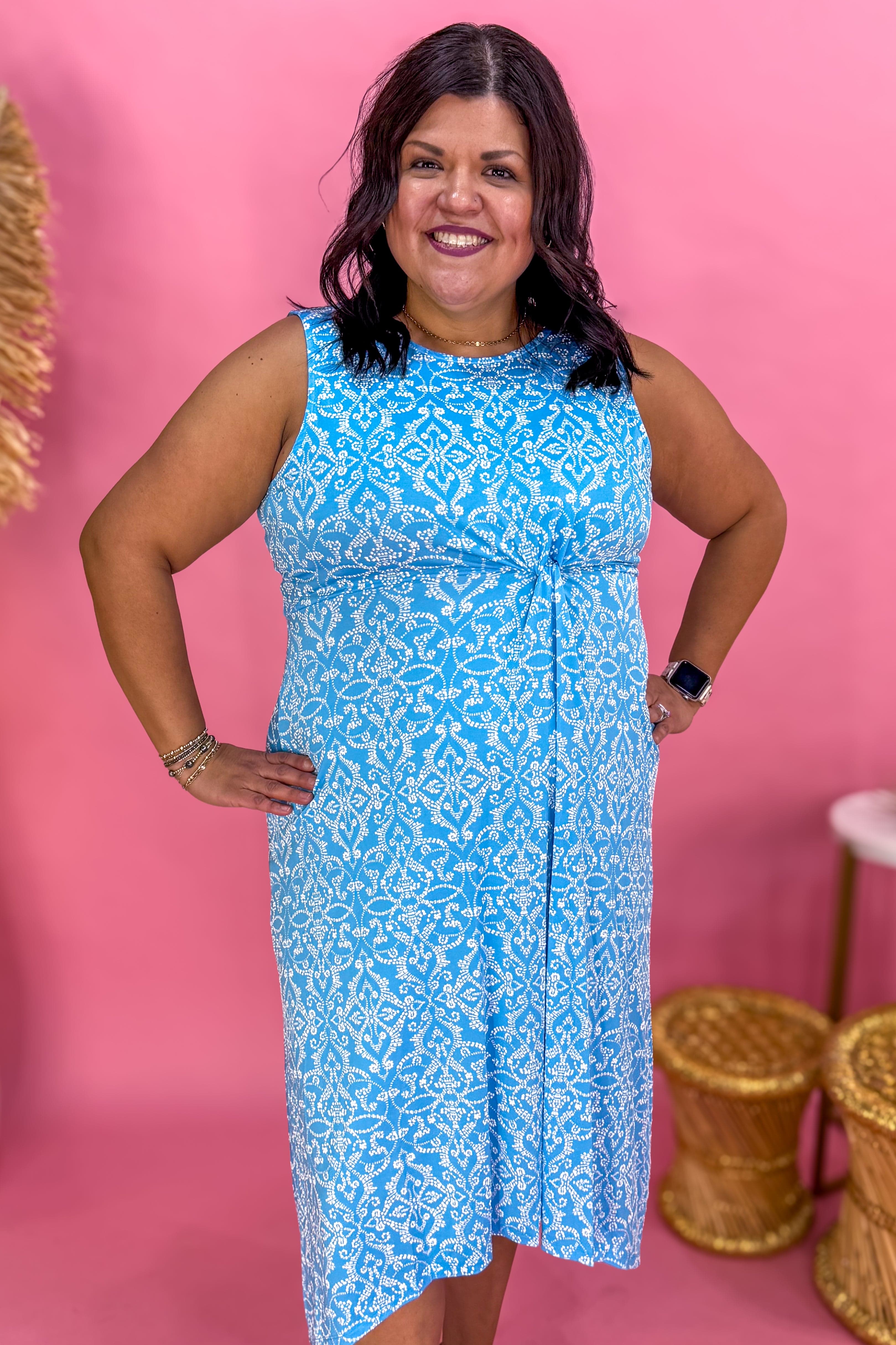 Blue Dress With White Print & Knot Detail – Jean Marie's